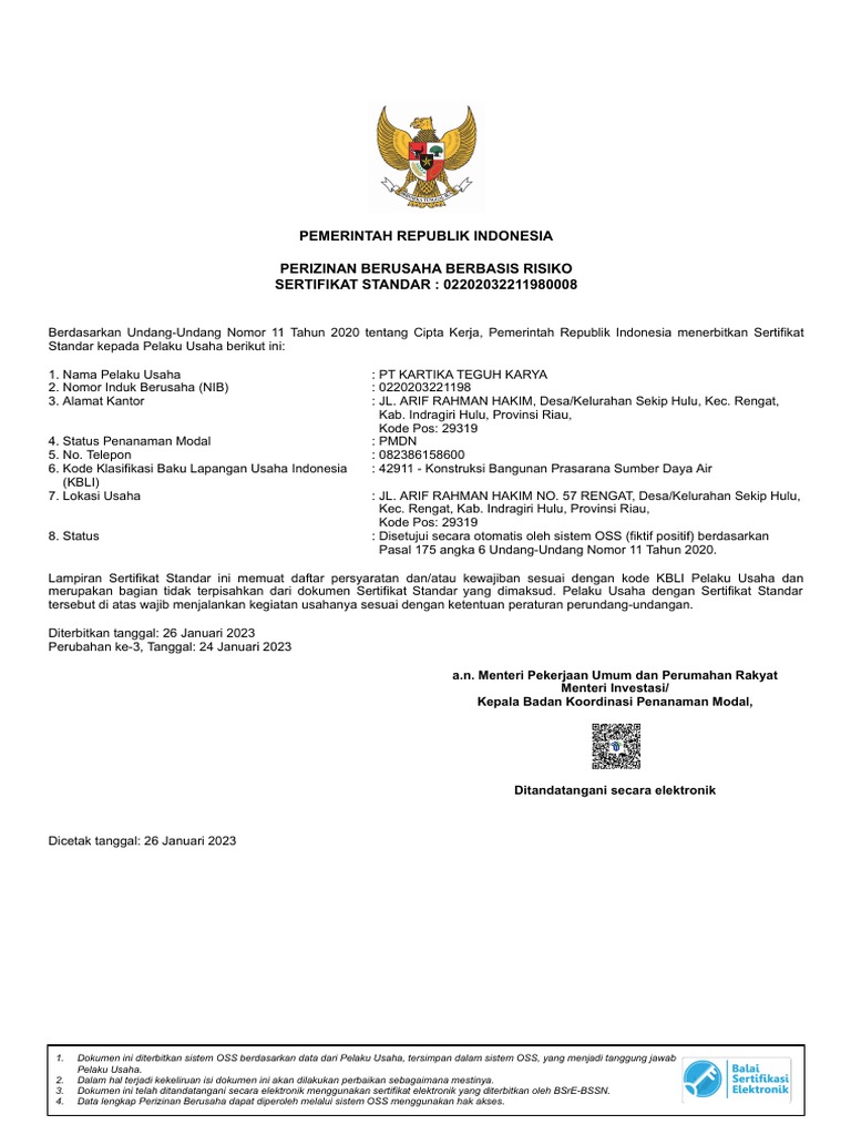Sertifikat Standar Kbli 42911 PT Kartia Teguh Karya | PDF