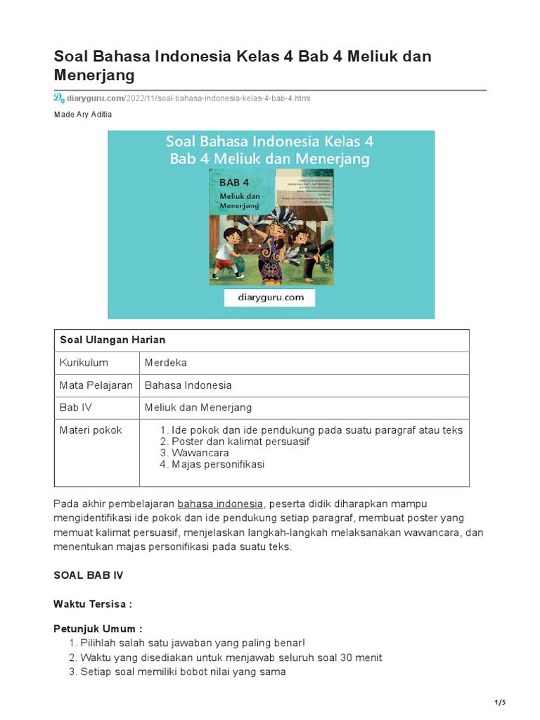Soal Bahasa Indonesia Kelas 4 Bab 4 Meliuk Dan Menerjang | PDF