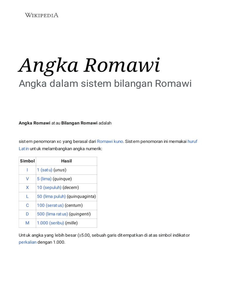Angka Romawi - Wikipedia Bahasa Indonesia, Ensiklopedia Bebas | PDF