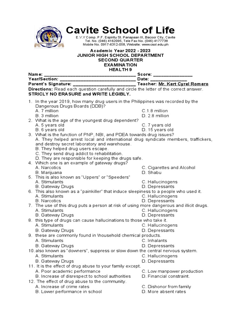 Health 9 Drug Awareness Exam Q2 | PDF | Substance Abuse | Drugs