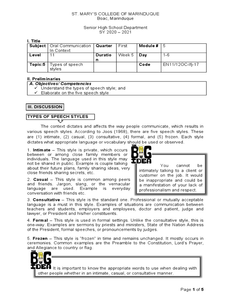 q1 Module 5 - Topic5 - Speech Style | PDF | Conversation | Cognition