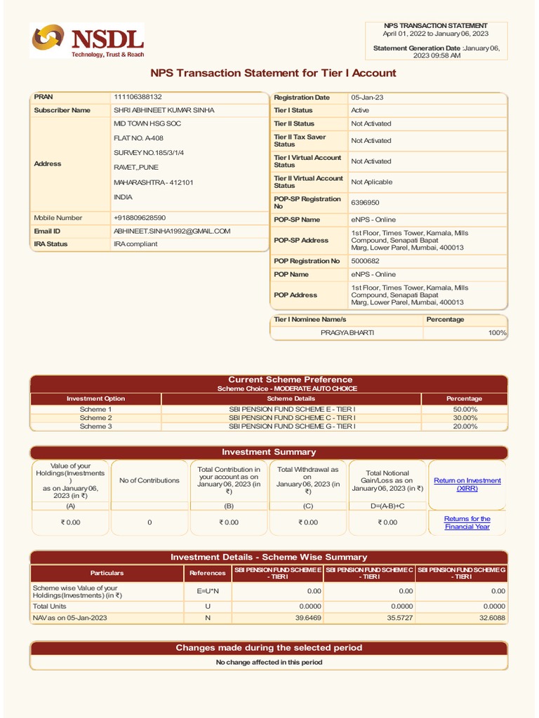 NPS Transaction Statement For Tier I Account: Current Scheme Preference ...