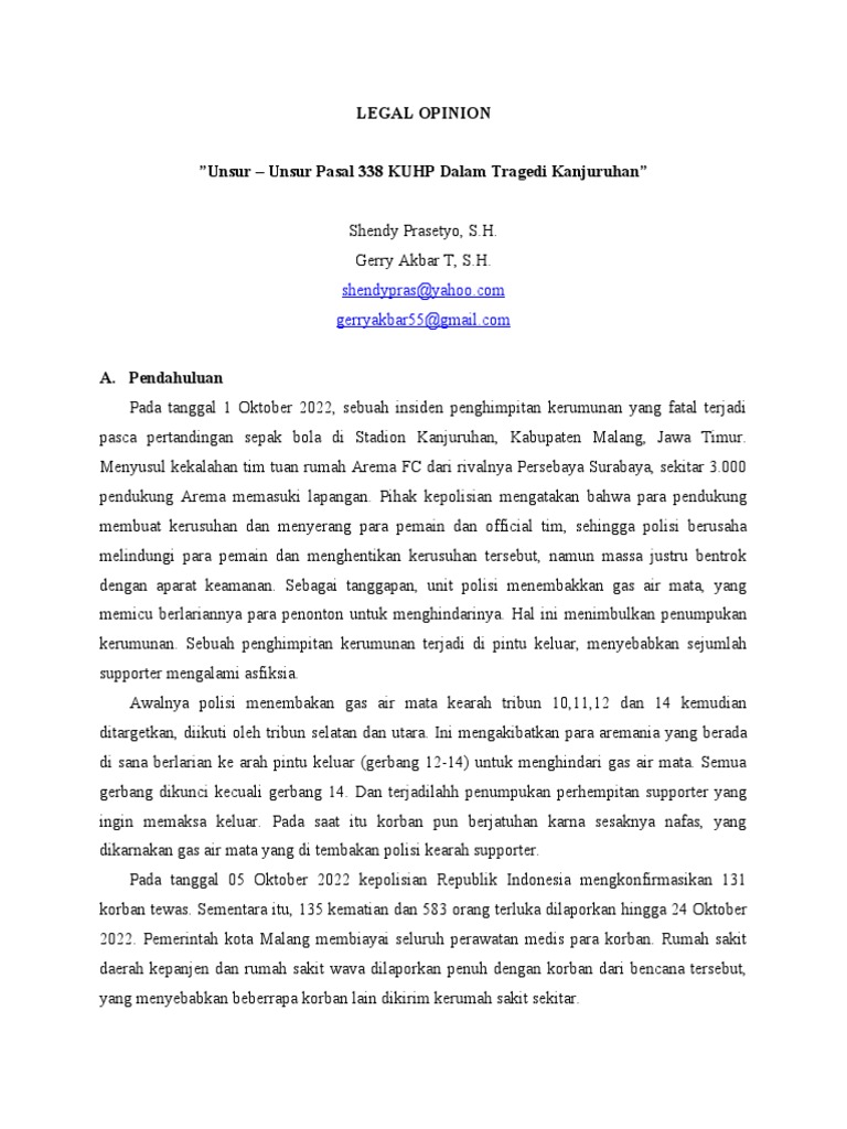 Legal Opinion (Unsur - Unsur Pasal 338 KUHP Dalam Tragedi Kanjuruhan) | PDF