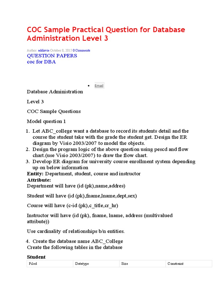 COC Sample Practical Question For Database Administration Le | PDF | Databases | Table (Database)