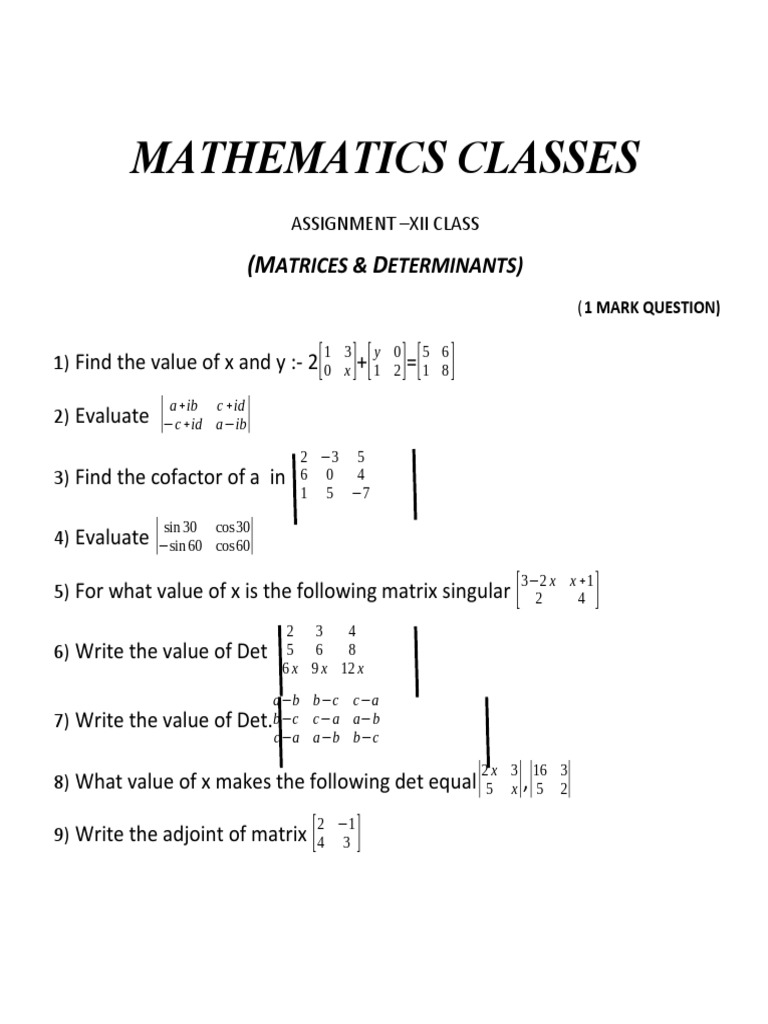 Matrices And Determinants Solving Problems Involving Matrices And Determinants Pdf Matrix 
