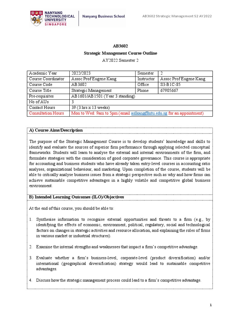 AB3601 Course Outline | PDF | Strategic Management | Teaching Method