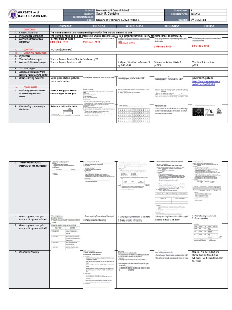 DLL - Science 5 - Q3 - W1 | PDF | Learning | Teachers