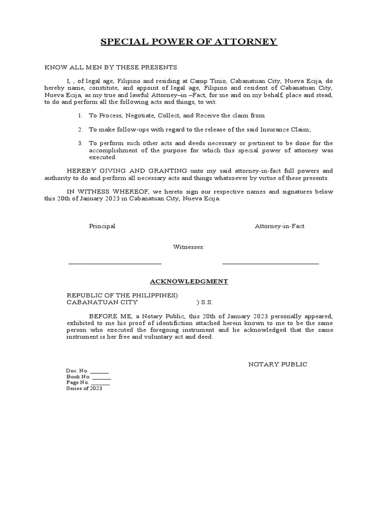 Power of Attorney for Insurance Claims | PDF | Law