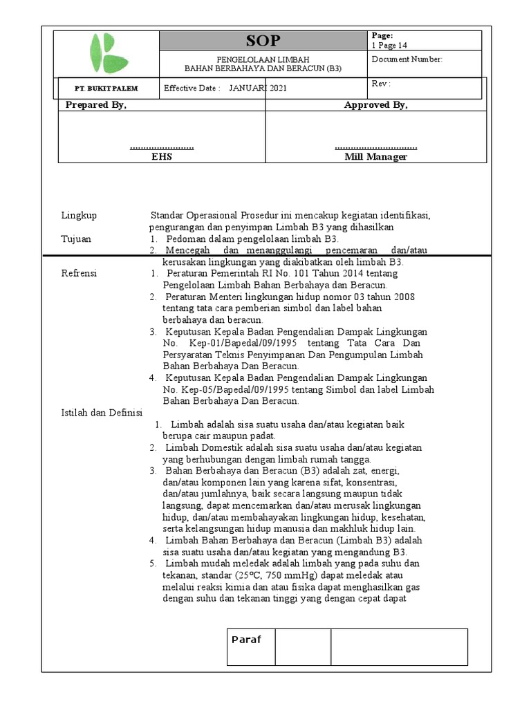 Sop Instruksi Kerja Pengelolaan B3 Dan Limbah B3 | PDF