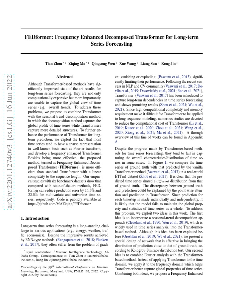 Fedformer Frequency Enhanced Decomposed Transformer For Time Series