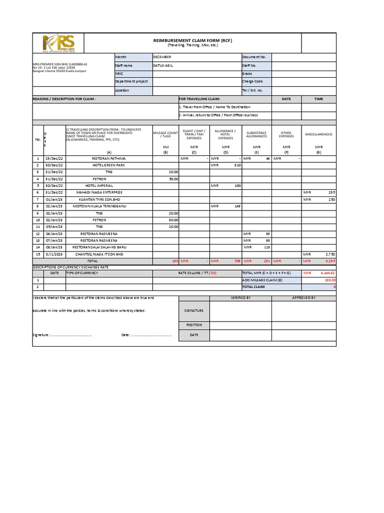 MRS PREMIER - Reimbursement Claim Form | PDF | Foreign Exchange Market ...
