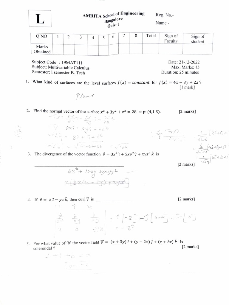 Answer Key Quiz 1 - 19MAT111 | PDF | Multivariable Calculus | Mathematical Concepts