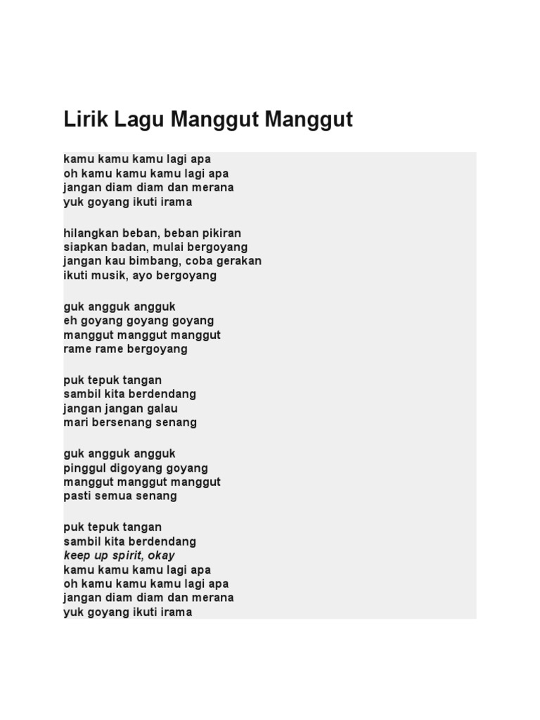 Lirik Lagu Manggut Manggut Goyang | PDF