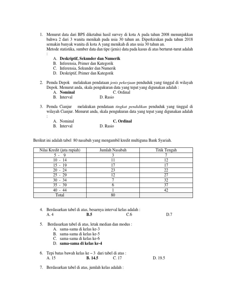 Contoh Soal UU Statistika 1 PSIKOLOGI Utk Vclass M13 | PDF