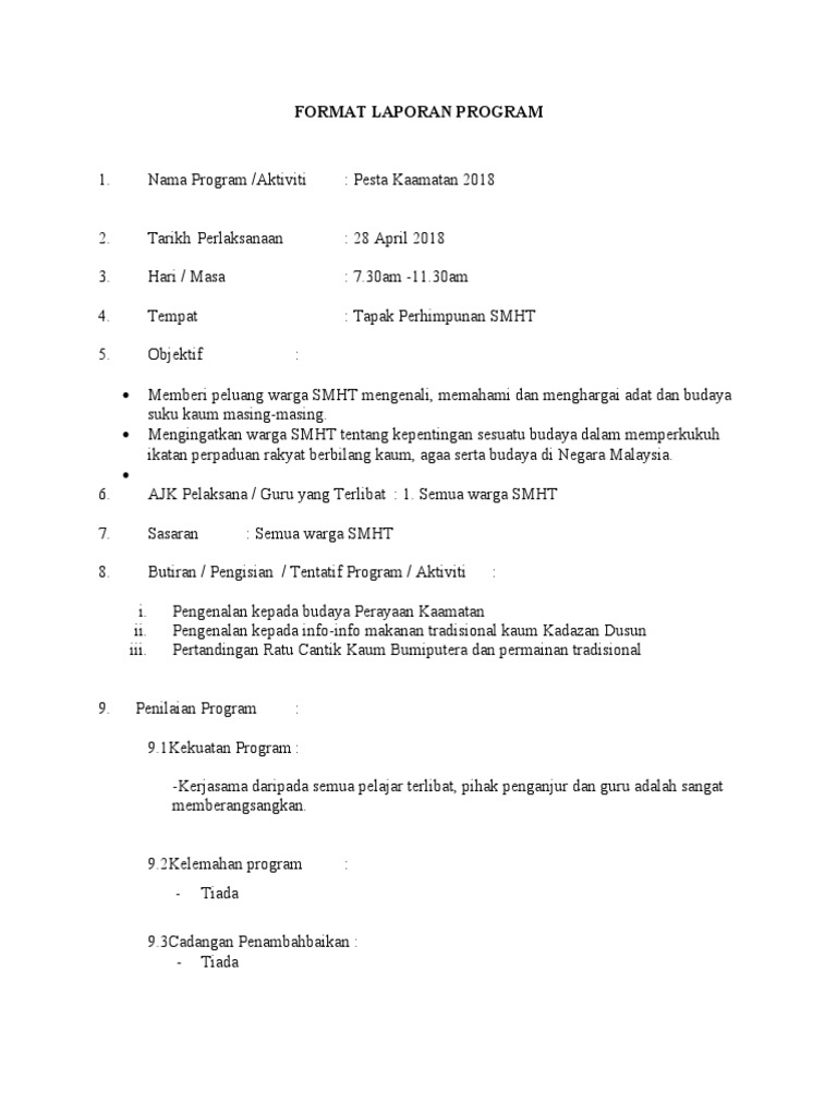 FORMAT LAPORAN PROGRAM Pesta Kaamatan | PDF