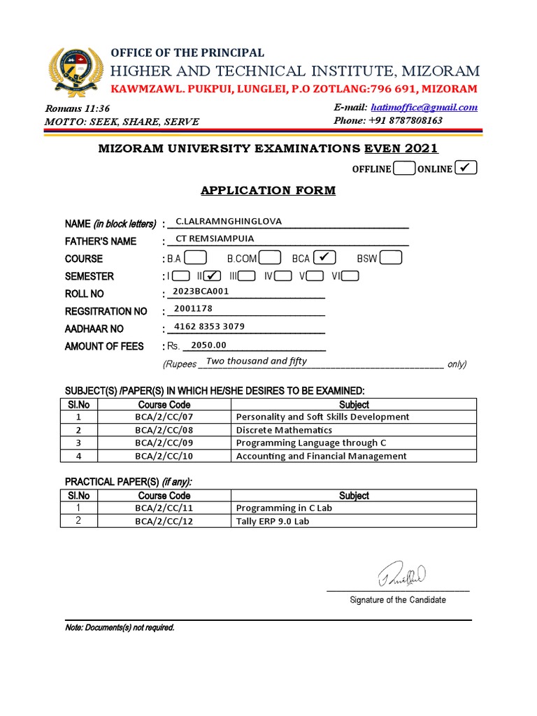 Application Form (BCA Exam) | PDF | Computing | Information Technology
