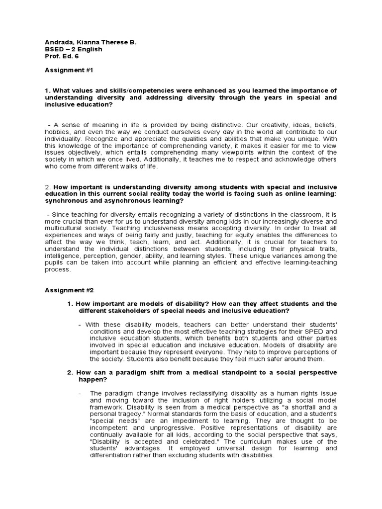 Understanding Diversity and Disability Models: A Student Assignment on Enhancing Values for ...