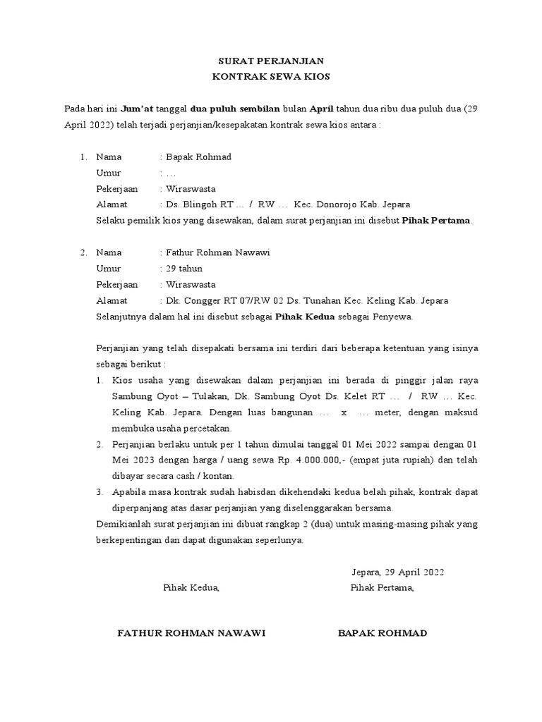 Surat Perjanjian Sewa Kios Pdf