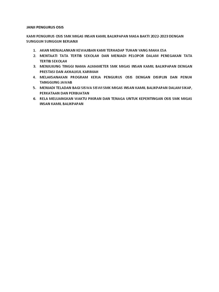 Janji Pengurus Osis | PDF