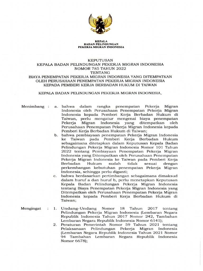 KEPKA Nomor 785 Tahun 2022 Tentang Biaya Penempatan PMI Yang ...