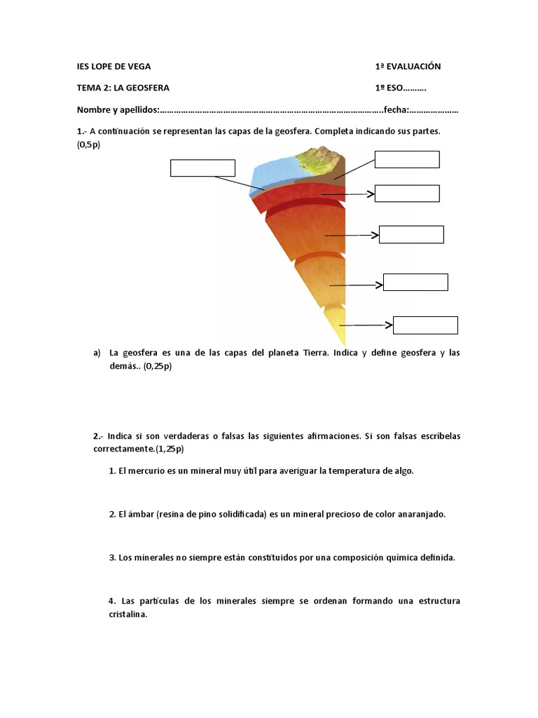 Examen Geosfera 1º Eso, Geosfera 22-23 | PDF | Minerales | Roca (geología)