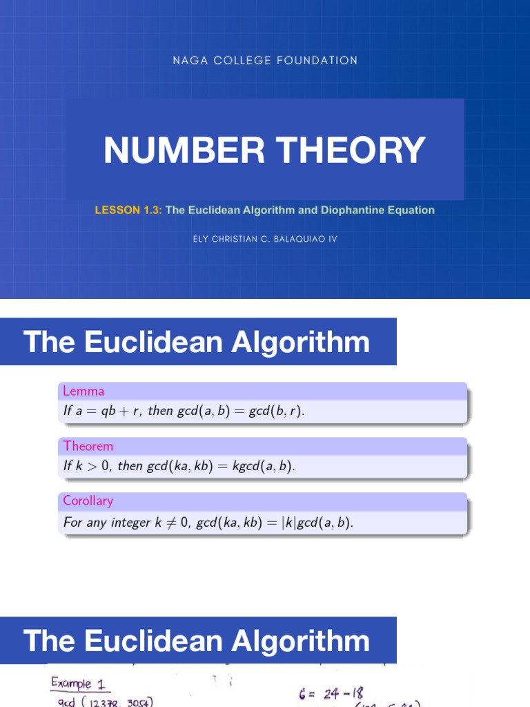 Lesson1 3-EuclideanAlgorithm&DiophantineEquation | PDF | Equations ...