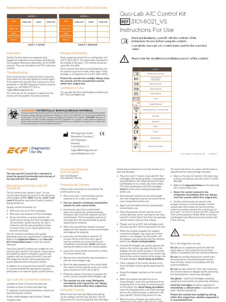 Quo-Lab A1C Control Kit Instructions | PDF | Hiv | Glycated Hemoglobin