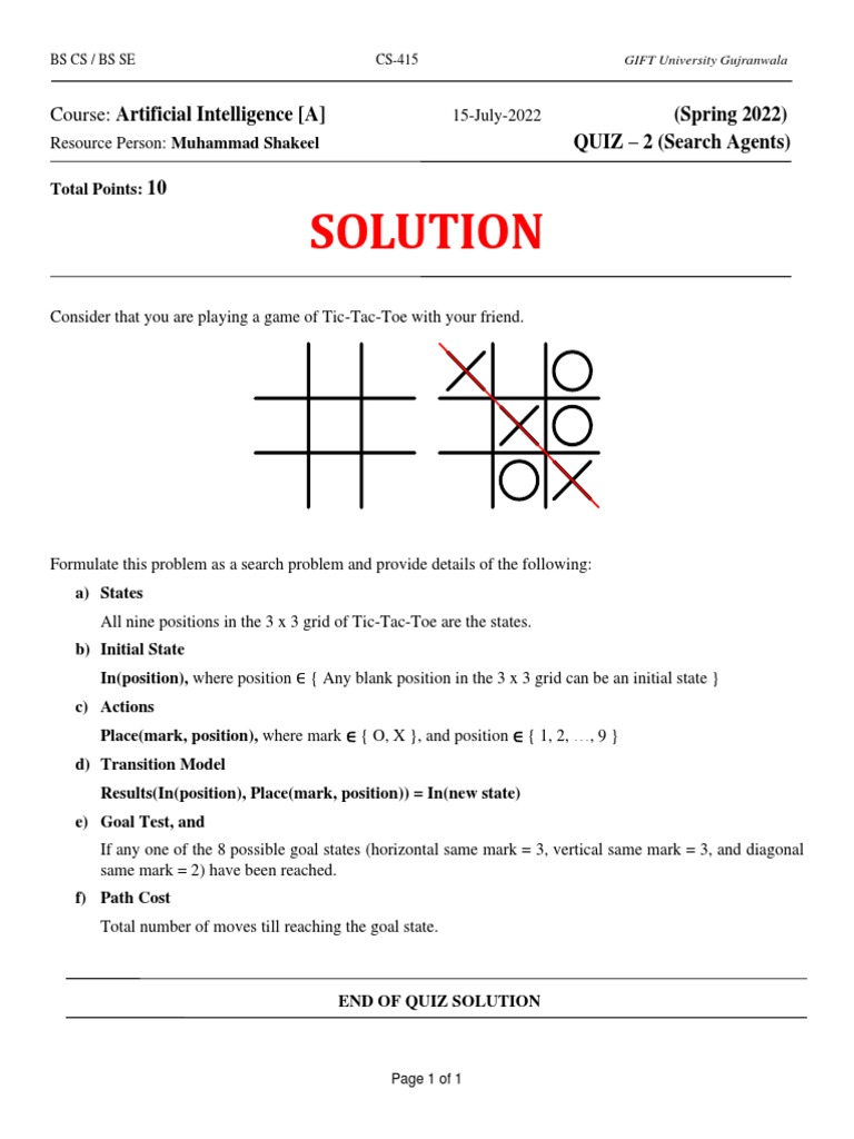CS-415-A - AI - Quiz - 2 - SOLUTION | PDF
