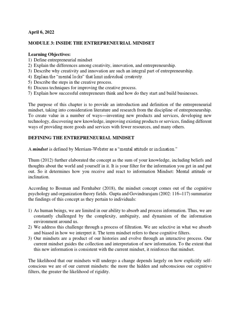Entrep M3 | PDF | Entrepreneurship | Mindset