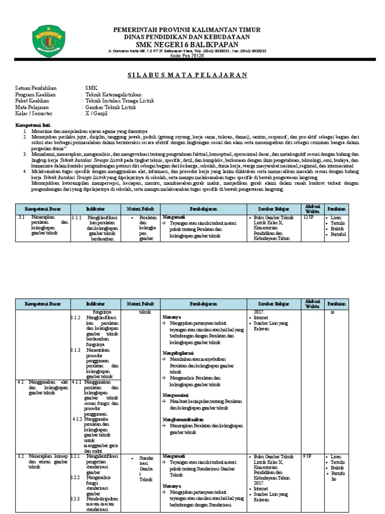 Silabus Gambar Teknik Listrik SMK | PDF