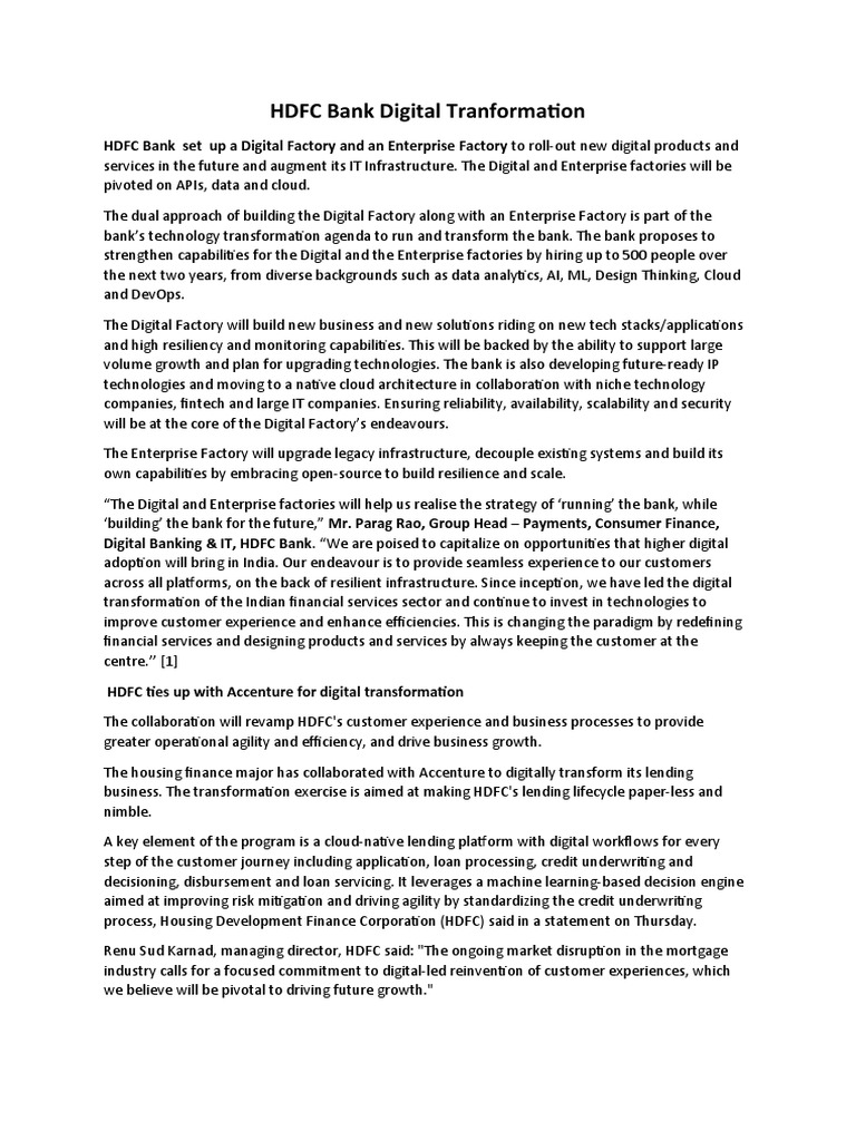 HDFC Bank Digital Transformation | PDF | Cloud Computing | Customer ...