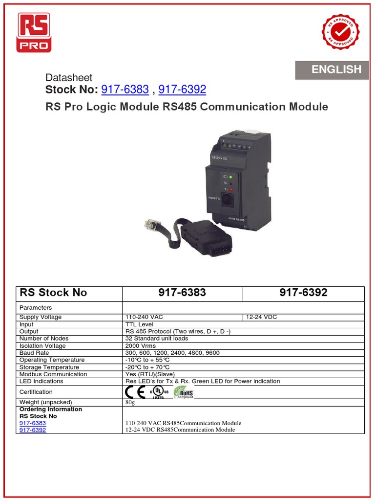 Stock No:: RS Pro Logic Module RS485 Communication Module | PDF