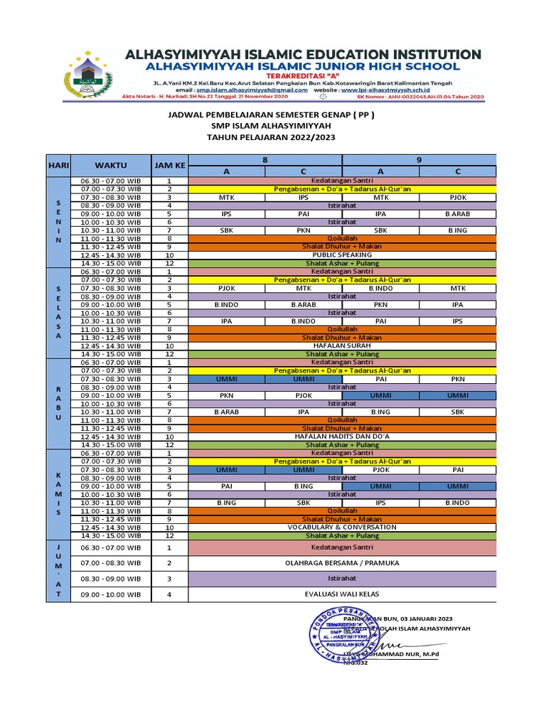 Jadwal Pembelajaran Semester Genap (PP) SMP Islam Alhasyimiyyah TAHUN ...
