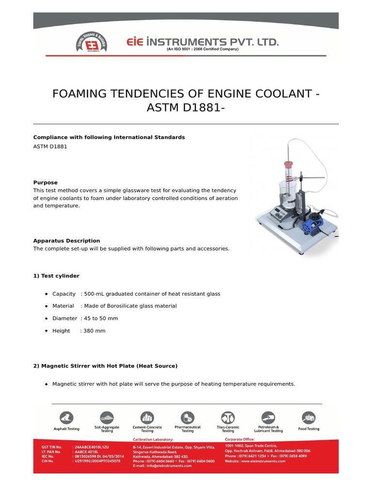 Engine Coolant Foam Tendency Tester | PDF | Temperature | Glasses