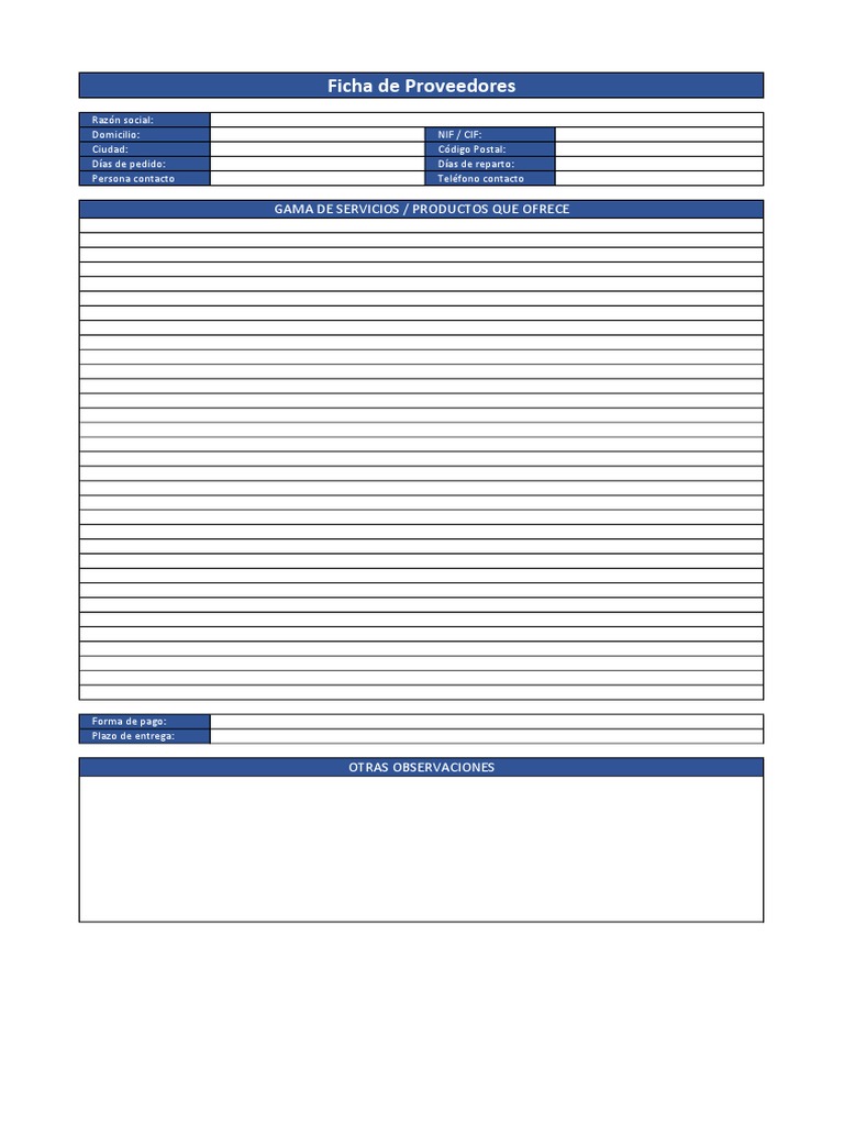 Modelo de Ficha de Proveedores (Versión Imprimible para Rellenar) | PDF