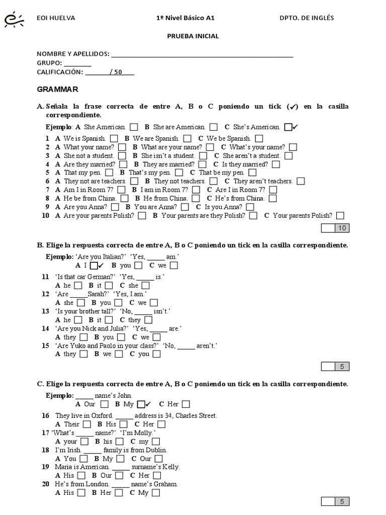 Level Test 1st Year Basic Level A1 | PDF | Linguistics