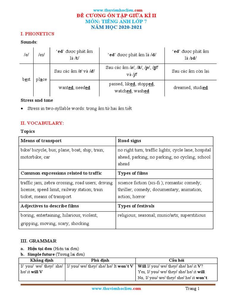 De Cuong On Tap Giua HK2 TIENG ANH 7 | PDF