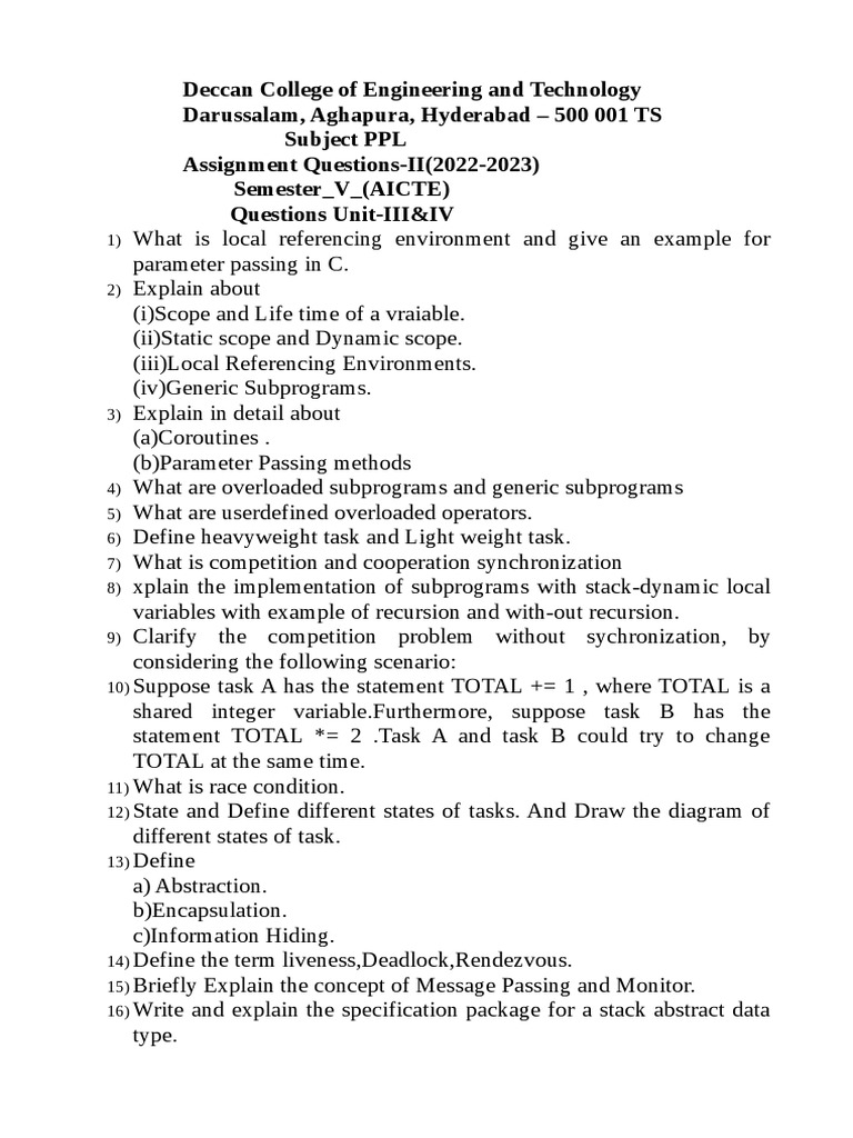 PPL - Assignment questions-II | PDF | Subroutine | Variable (Computer ...