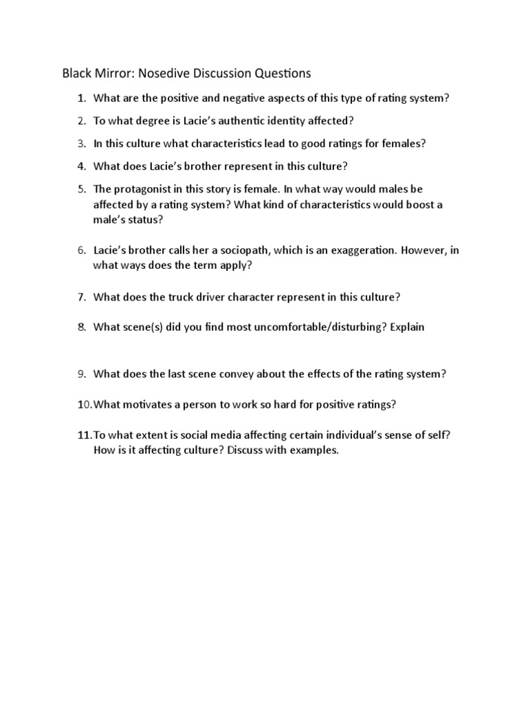 Black Mirror Nosedive Discussion Questions | PDF