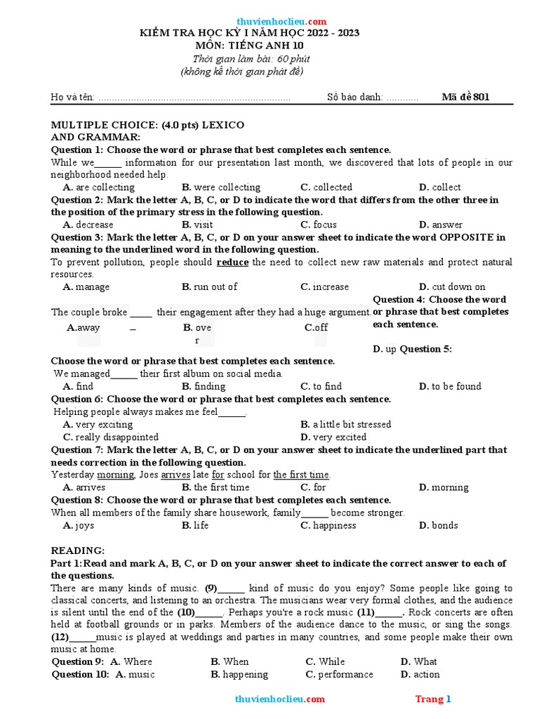 De Thi HK1 Tieng Anh 10 Nam 22 23 | PDF | Volunteering