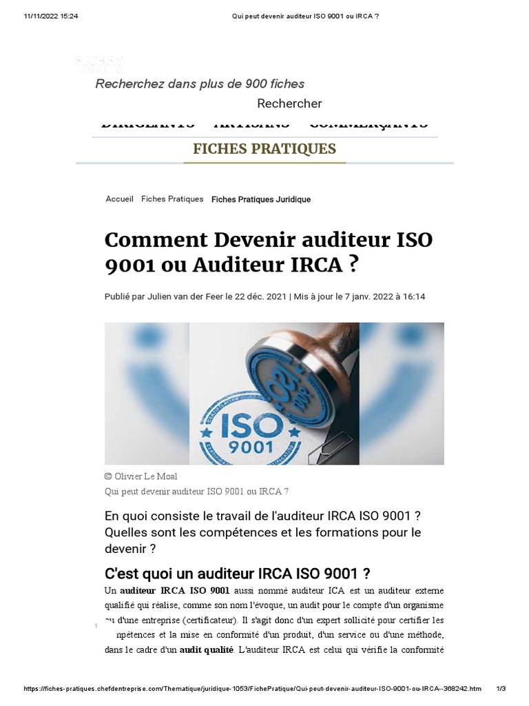 Qui Peut Devenir Auditeur ISO 9001 Ou IRCA | PDF | Management de la ...