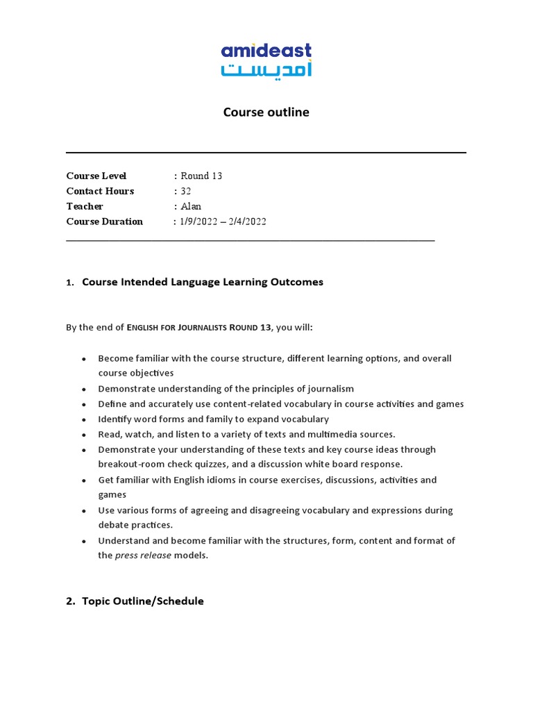 Course Outline - Journalism # 13 | PDF | Vocabulary | English Language