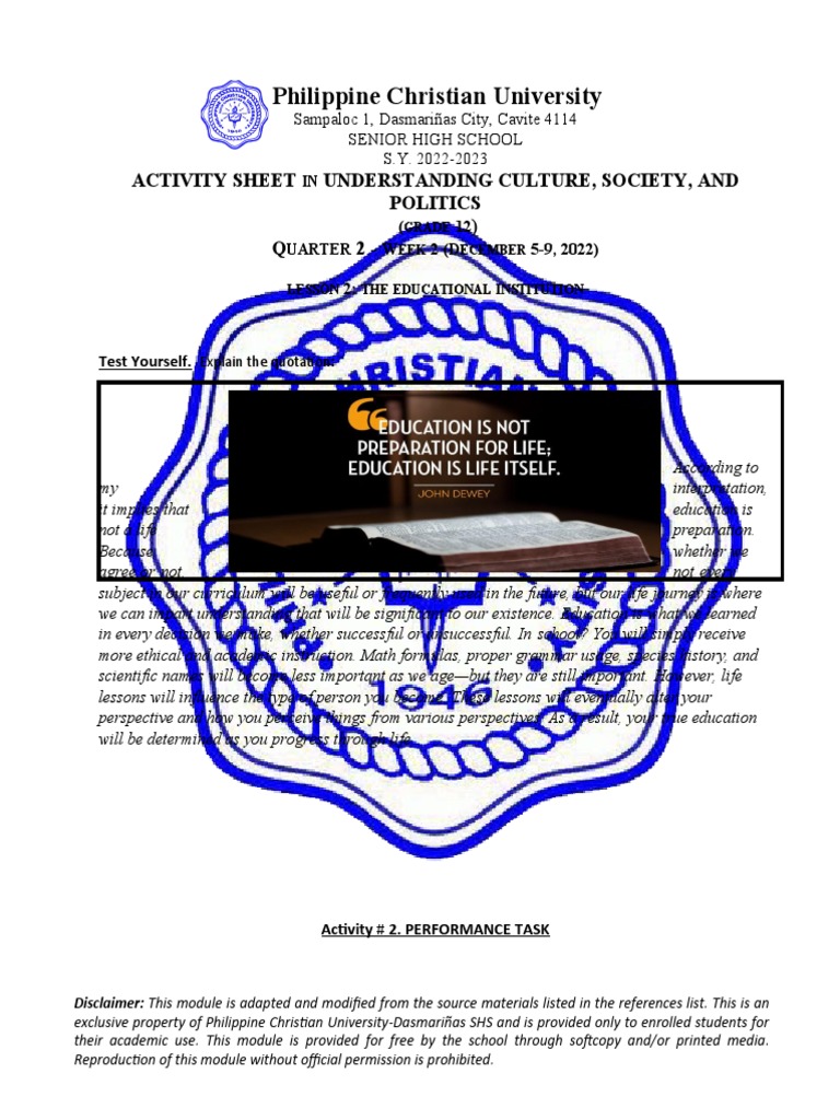 Ucsp Activity Sheet WK 2 | PDF | Schools | Learning