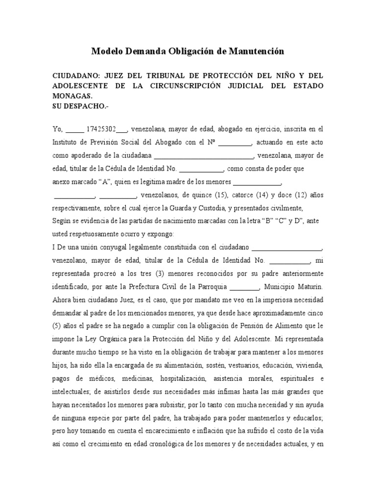 Modelo Demanda Obligacion de Manutención | PDF | Pensión alimenticia ...