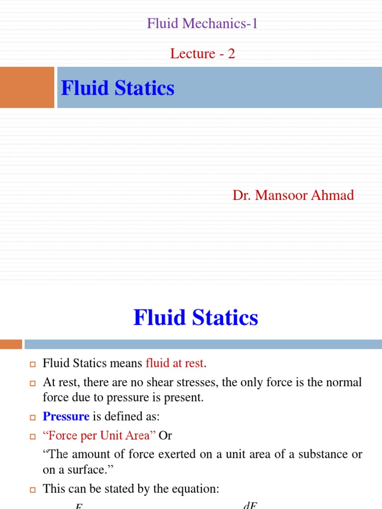 Lecture-2-Fluid Statics | PDF | Pressure Measurement | Pressure
