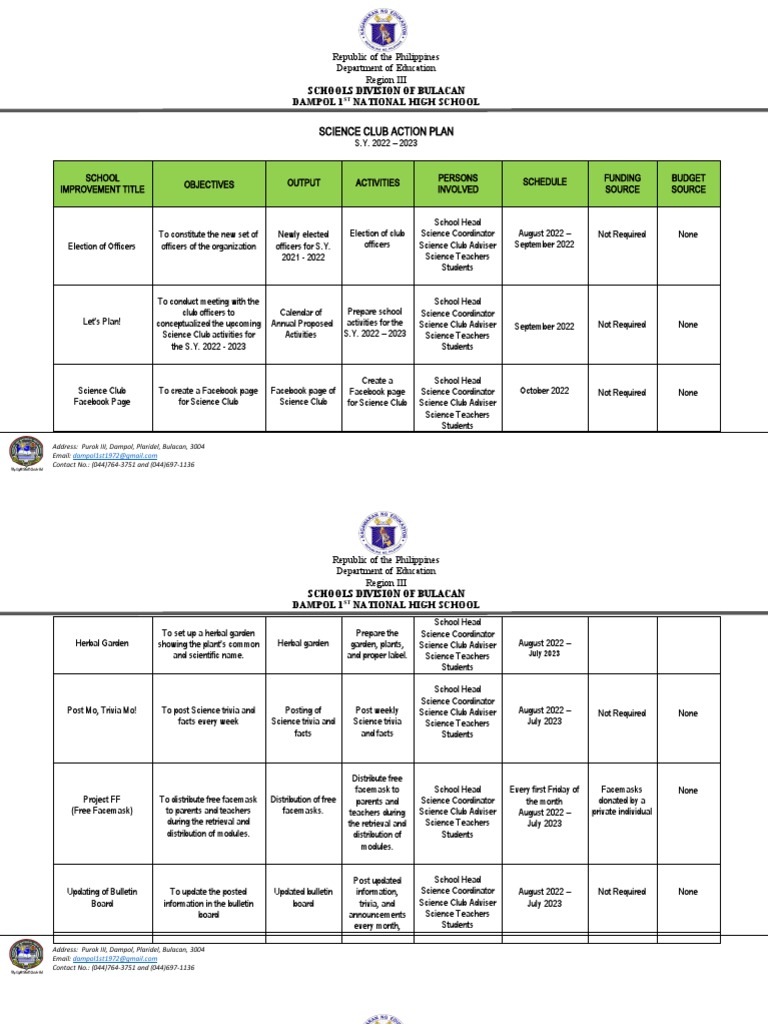 Science Club Action Plan 22-23 | PDF