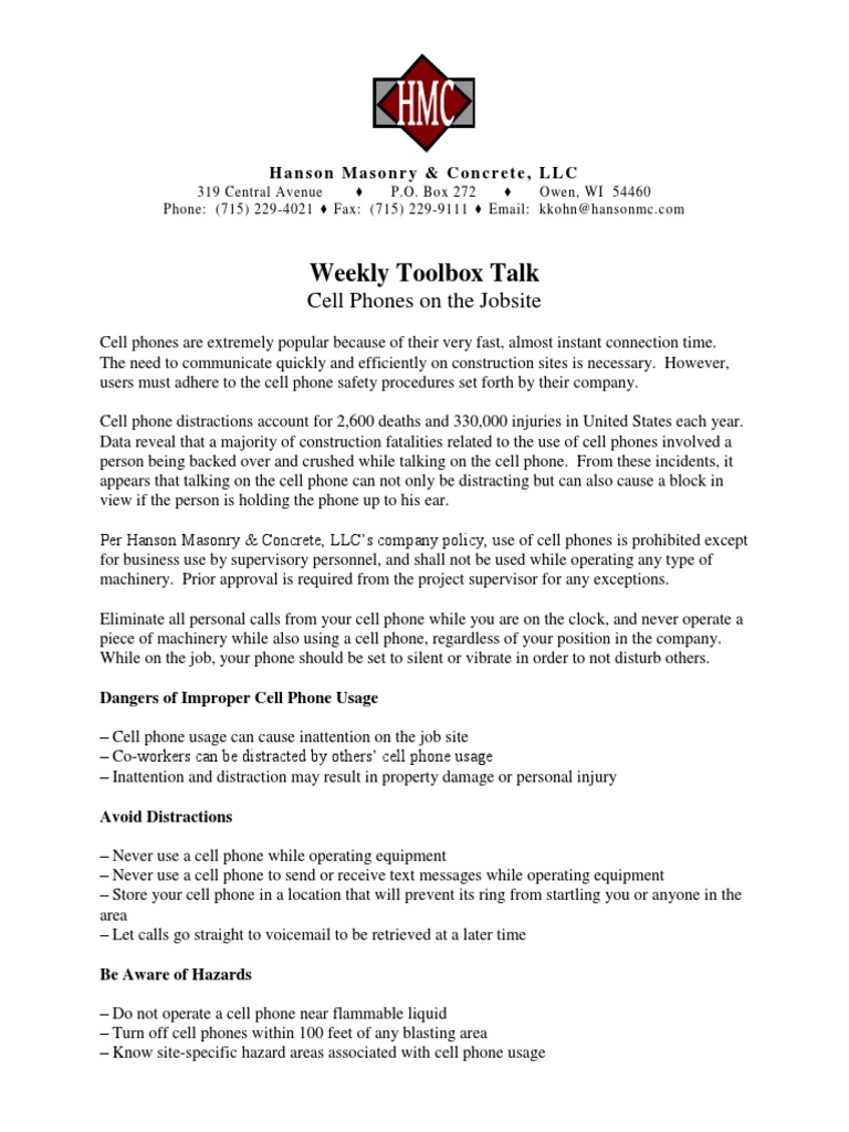 Toolbox Talk Cell Phones | PDF