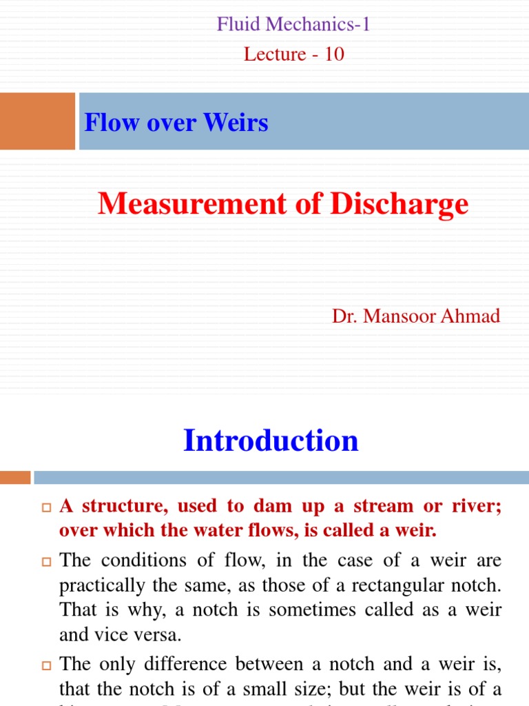 Lecture-10 (Weirs) | PDF | Discharge (Hydrology) | Nozzle