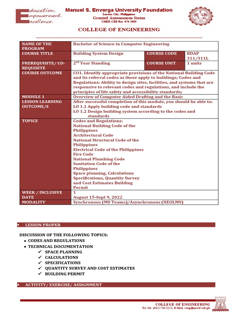 Bdap312 311l Module 1 Pdf Building Code Engineering