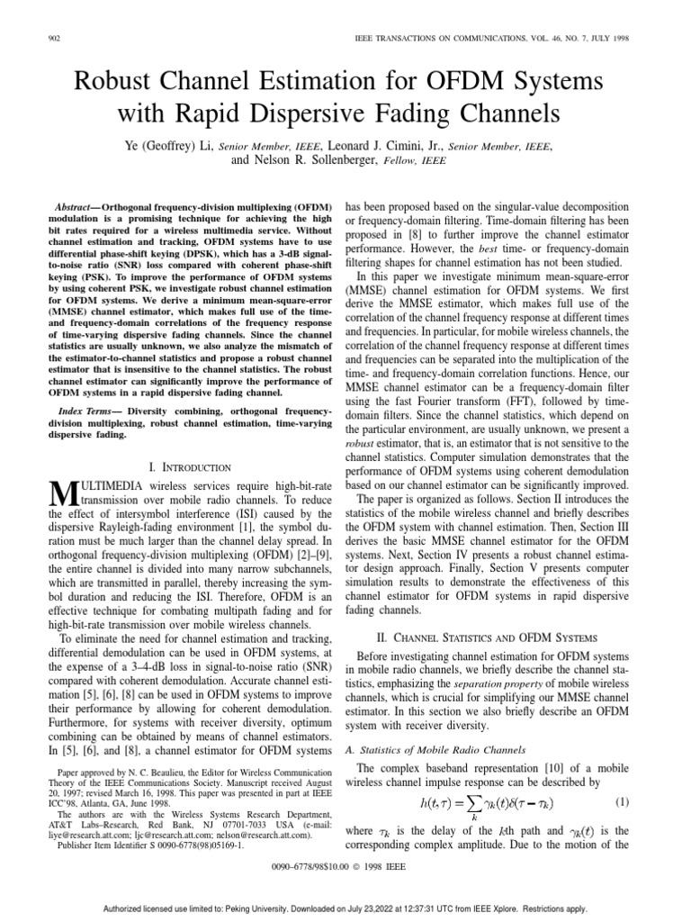 Robust Channel Estimation For OFDM Systems With Rapid Dispersive Fading Channels | Download Free ...